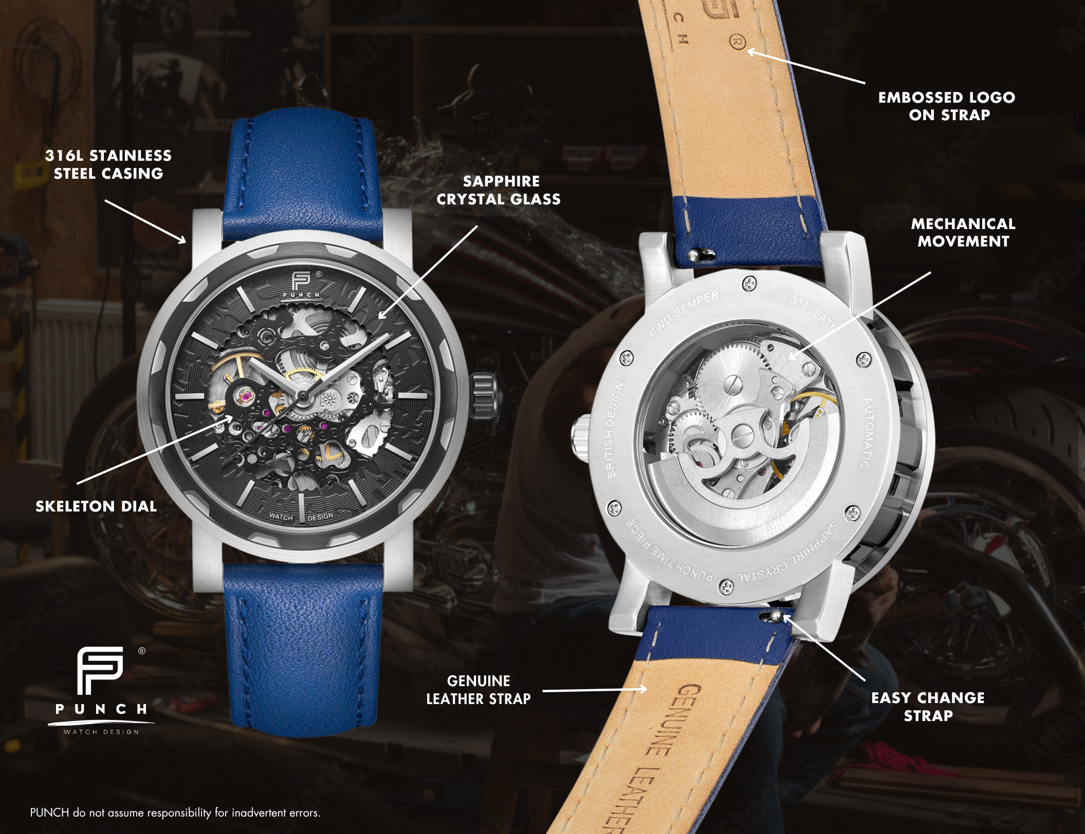 PUNCH Mens Watch Black Silver Skeleton Automatic Watch Blue Leather Strap