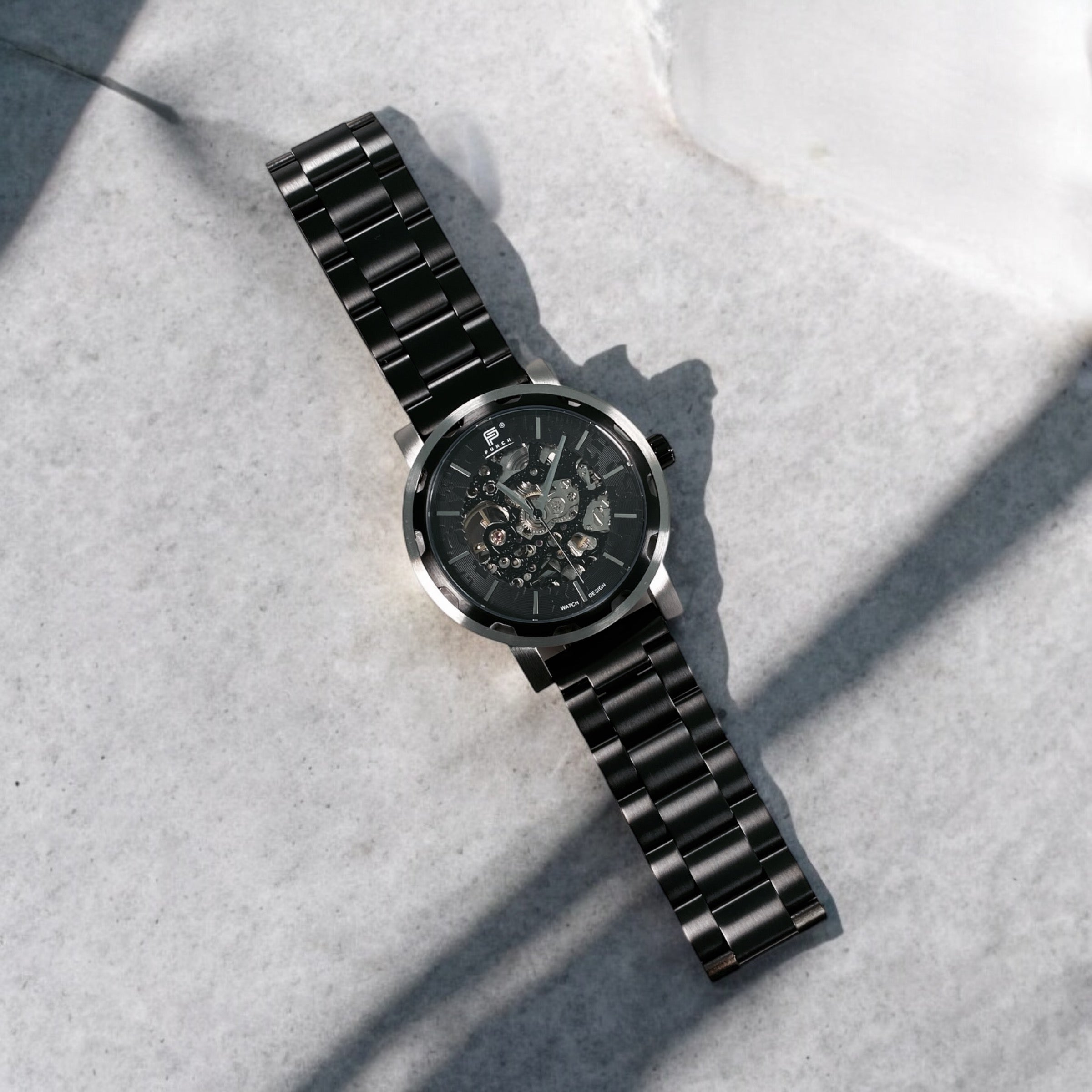PUNCH Mens Watch Black Silver Skeleton Automatic Watch Black Metal Strap